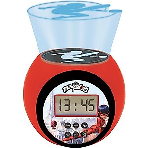 LEXiBOOK - Miraculous Projector Alarm Clock with Snooze Function and Alarm Function, Night Light with Timer, LCD Screen, Battery Operated, Red/Black, RL977MI