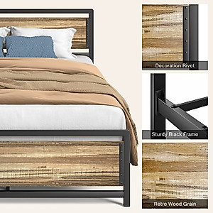 Gizoon Queen Metal Platform Bed with Wooden Headboard, 15 Inch Iron Slats, Large Under-Bed Storage, No Noise, No Box Spring Needed, Easy Assembly, Grey