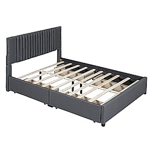 WADRI Modern Queen Size Upholstered Platform Bed with Classic Headboard and 4 Drawers, Linen Fabric Platform Bed Frame with Wood Slat Support for Kids Teens Adult Bedroom (Gray + Linen-4)