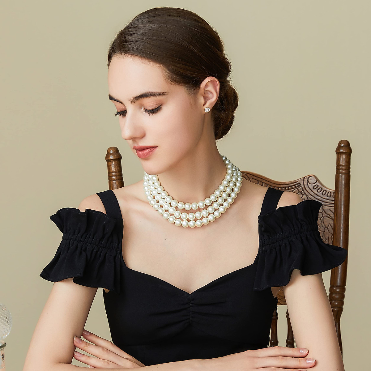 BABEYOND Round Imitation Pearl Necklace Vintage Multi Strands Choker Necklace 20s Flapper Necklace for Party (Style1)