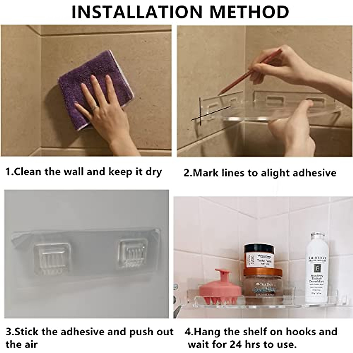 JiePai Acrylic Corner Shower Caddy Shelf with Hooks 2 Pack, Adhesive Wall Mounted Bathroom Shower Shelf Organizer for Inside Shower & Kitchen Storage