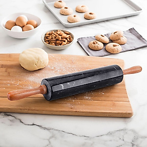 Flexzion Black Marble Rolling Pin, 10-inch with Wooden Handle and Holder Base Stand, Marble Rolling Pin for Baking Pastry Pizza Dough Roller Fondant Cookie Pie Crust Pasta Bakery Roller Pin