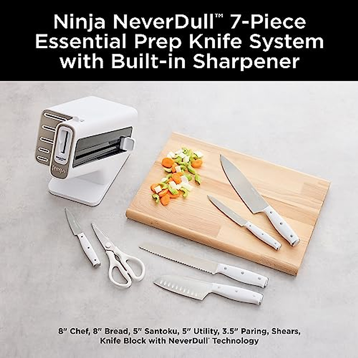 Ninja K12007WHBN NeverDull 7-Piece Prep Knife System, Essential, High Carbon Stainless Steel, Built-in Sharpener, White