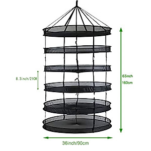 HORTIPOTS Herb Drying Rack 360 Degree Access 3 Feet Clip Adjustable Center Support Straps NO Sagging Fine Mesh Netting (Heavy Duty Clips 3FT)