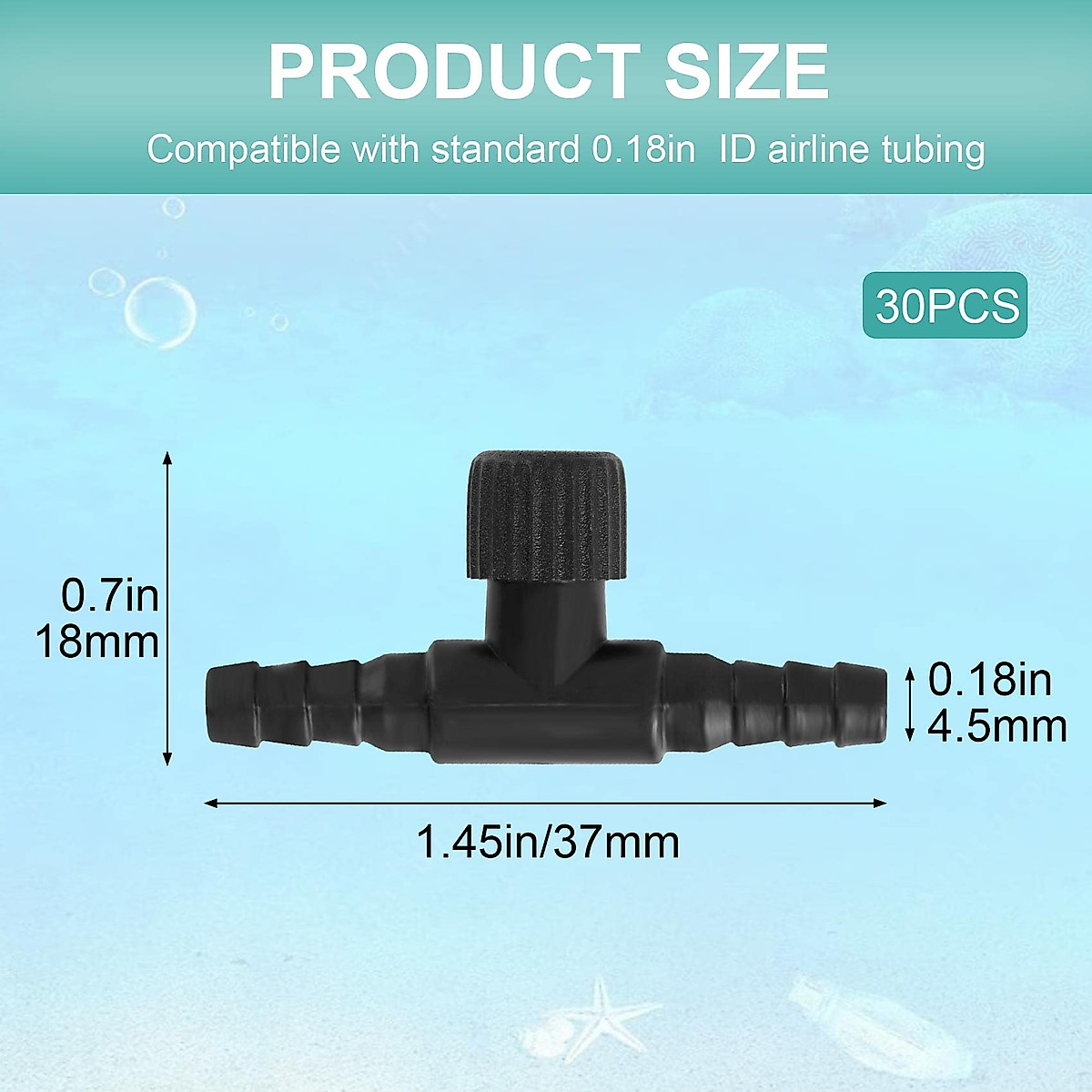 HINZIC 30 Pack Aquarium Air Control Valves for Fish Tank Single Way 3/16" ID Air Tube Black T Shape Control Valve Plastic Aquarium Hose Connector