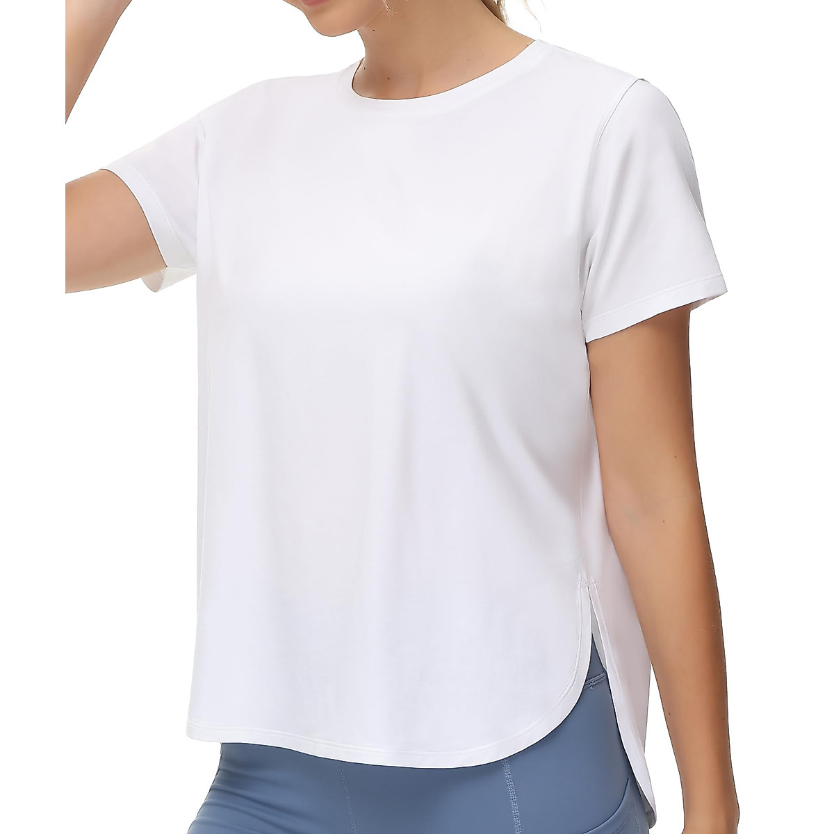 THE GYM PEOPLE Women's Workout T-Shirts Loose Fit Short Sleeve Cotton Running Basic Tee Tops with Split Hem White