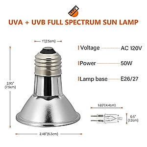 Simple Deluxe Reptile UV Bulb 50W, UVA & UVB Full Spectrum Sun Lamp with 4 Replacement Mini Bulbs, for Lizard/ Reptiles/ Snacks/ Tortoise, Amphibian Pets
