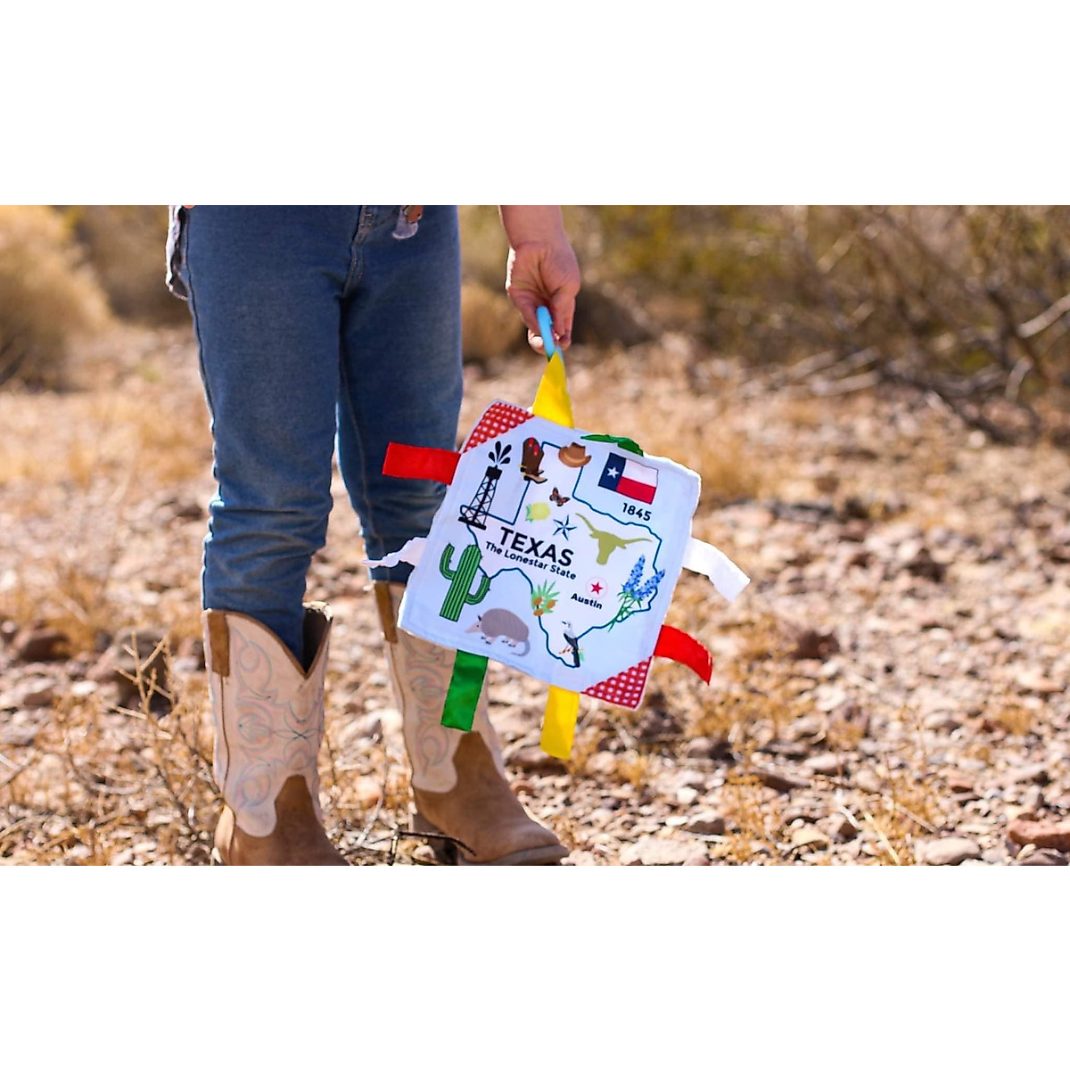 Baby Jack & Co 8x8” Learning Lovey Tag Toys for Babies - Baby Crinkle Toys - Crinkle Toys for Baby - Soft & Safe - Learn USA State Facts - Ideal Baby Toy BPA Free w/Stroller Clip (Texas)