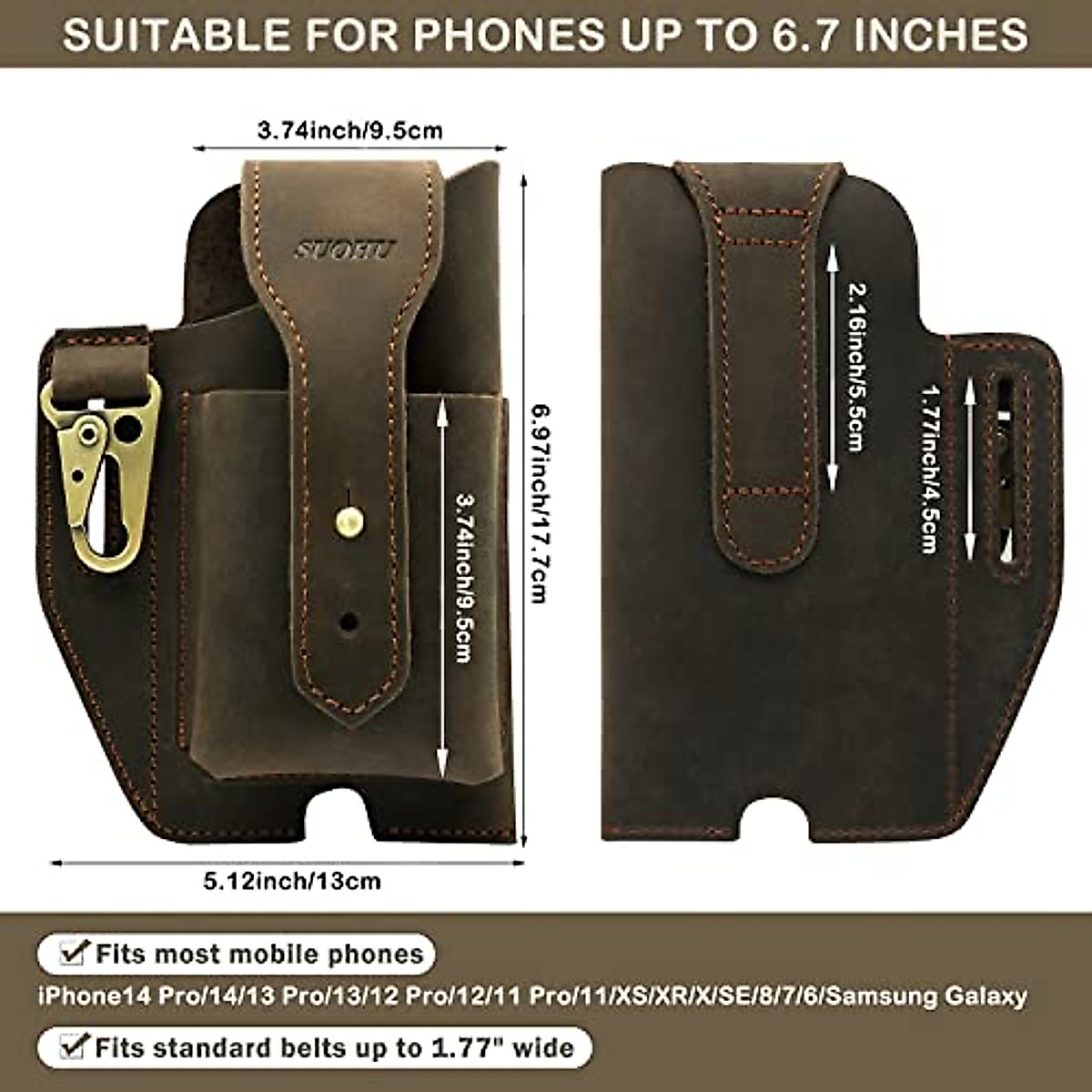 SUOHU Leather Phone Holster with Belt Clip, Leather Cell Phone Holder for Belt, Leather Belt Phone Pouch, Universal Leather Phone Case on Belt, Tactical Leather Phone Belt Bag for iPhone (Dark Brown)