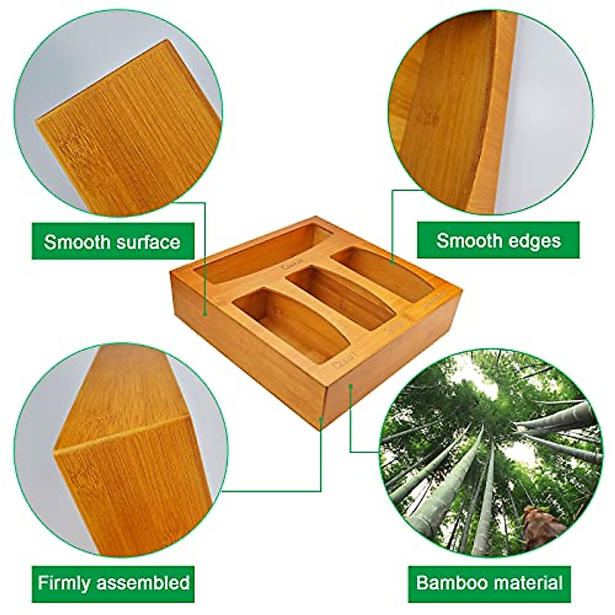 CRAKTH Bamboo Ziplock Bag Storage Organizer and Dispenser for Kitchen Drawer, Suitable for Gallon, Quart, Sandwich & Snack Variety Size Bag