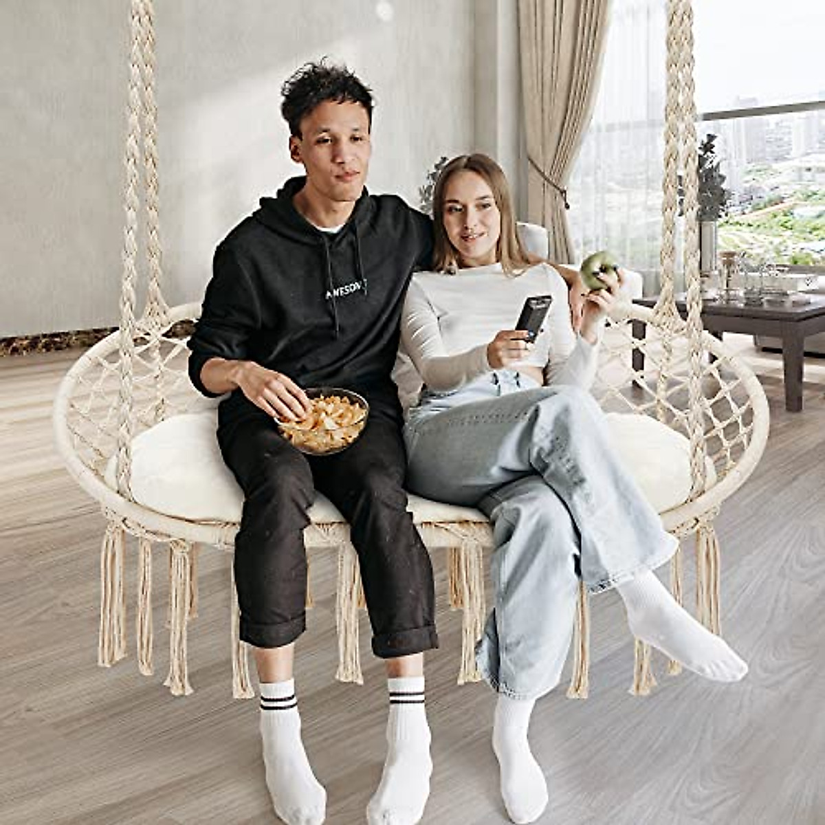 Homgava Hammock Chair Macrame Hanging Swing with Cushion,Hanging Cotton Ropes, Metal Frame, 450 lbs Capacity Indoor Outdoor, Patio, Balcony, Living,Deck, Yard, Garden(Double Swing) Beige