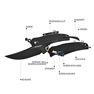 Harnds Pocket Folding Knife, Front Flipper Knife with D2 Steel Blade and G10 Handle, Premium EDC Knife with Pocket Clip for Outdoor Fishing Survival (Black-Black Titanium)