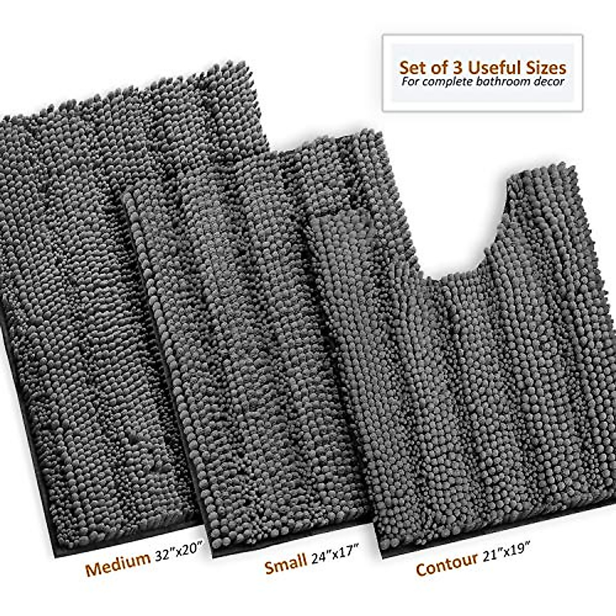 Clara Clark Chenille Bathroom Rugs, Ultra Soft Plush Shaggy Bath Mats for Bathroom, Machine Washable Non Slip Backing Rubber Bath Rug Set, 3 Piece Bathroom Rug Set, Gray