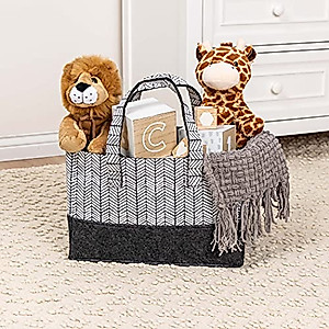 Herringbone Felt Essential Storage Tote; Gray, White; Collapsible; Two Handles; 15 in x 10 in x 10 in