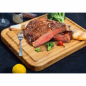 eletecpro Turkey Cutting Board with Grid Grip, Large 17x13x1.5 Inch Bamboo Steak Carving Board, Thick Butcher Block Reversible with Deep Juice Drip Grooves, Thick Serving Tray,Natural