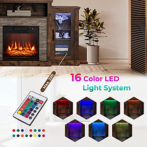 COSTWAY Electric Fireplace TV Stand for TVs Up to 65 Inches, 18-inch Fireplace Insert with APP Control, Remote Control, 16 Color Lights, Wooden Entertainment Center with Adjustable Shelves, Brown