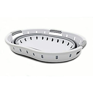 SAMMART 36L (9.5 Gallon) Collapsible 3 Handled Plastic Laundry Basket - Oval Basket - Foldable Storage Container/Organizer - Space Saving Laundry Hamper (White/Grey)