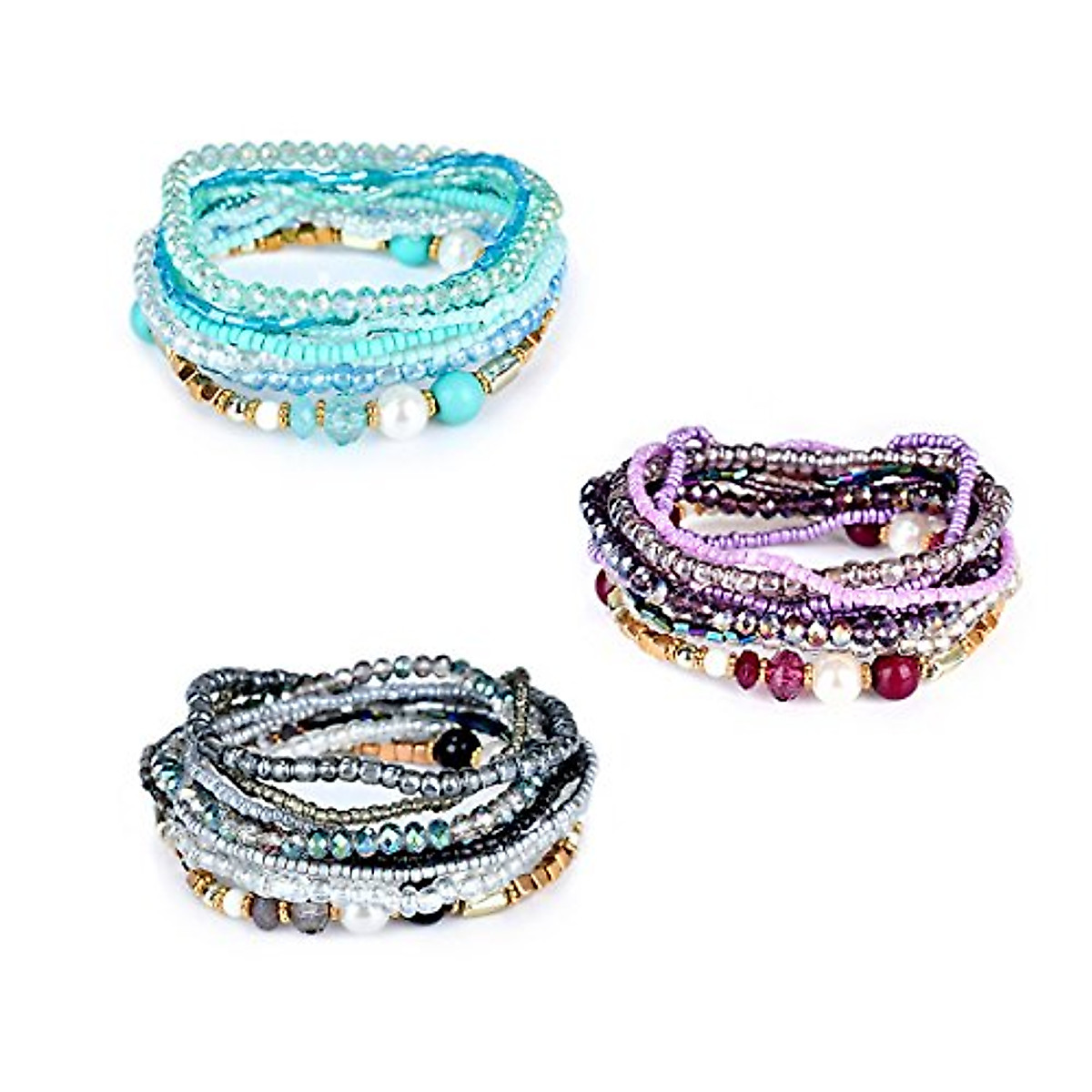 MengPa Stackable Beaded Bracelets for Women Stretch Bohemian layering Strand Statement Jewelry (Grey) G3207C