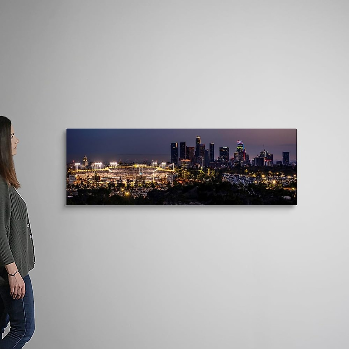 CANVAS ON DEMAND Dodger Stadium and La Skyline Lit Up At Night - Panoramic Canvas Wall Art Print by Circle Capture, Home Decor, Baseball, United States Artwork, 60"x20"
