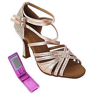 Very Fine Dance Shoes - Ladies Latin, Rhythm, Salsa, Waltz Ballroom Dance Shoes - S1006CC - 3-inch Heel and Foldable Brush Bundle - Flesh Satin - 8