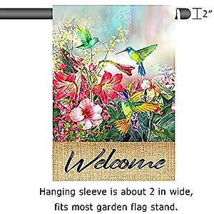 Hummingbird Garden Flag Spring Hibiscus Flower Summer Garden Flags 12x18 Double Sided Welcome Flag Home Outdoor Patio Yard Lawn Decor