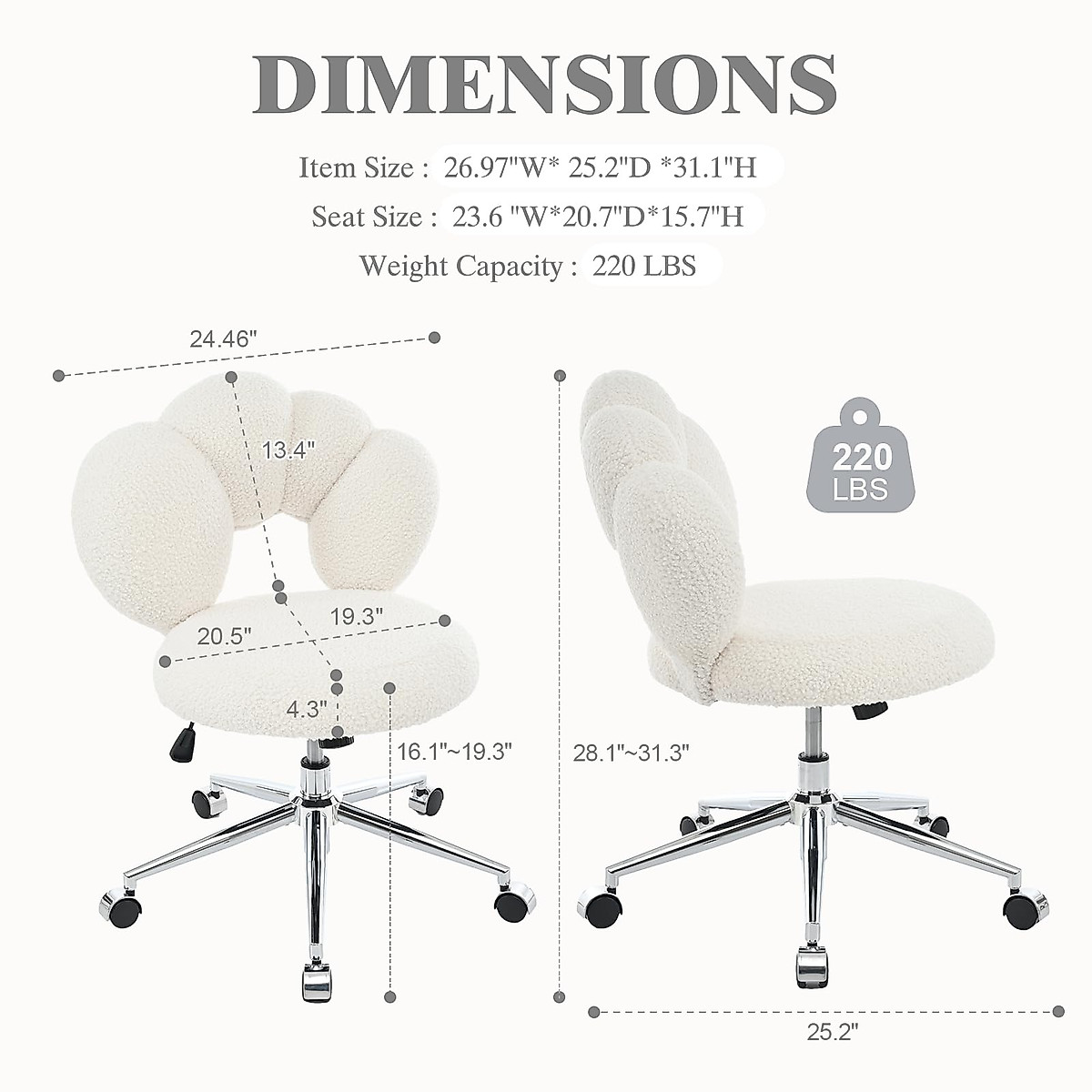 Home Office Chair, Criss Cross Chair with Wheels, Cross Legged Office Chair Armless Desk Chair with Height Adjustable, 360 Swivel Fabric Vanity Chair for Home, Office, Small Space, Bed Room, White