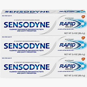 Sensodyne Fluoride Whitening Toothpaste, Rapid Relief and Long Lasting Protection, for Sensitive Skin, 3.4 Ounce (Pack of 3)