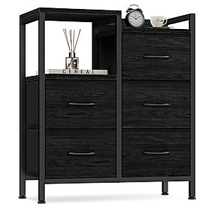 Furnulem 5 Drawer Black Dressers for Bedroom 2 Tier Shelf Storage Small Fabric Dresser for Closet Sturdy Metal Frame Modern Dresser Bedroom Dresser with Drawers for Hallway Rooms