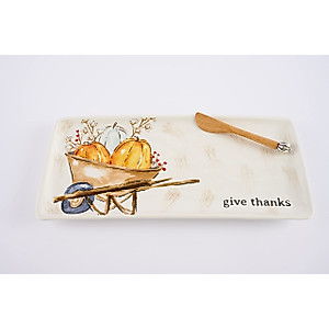 Mud Pie Thanksgiving Pumpkin Wheelbarrow Hostess Platter Set, Multi, Tray 7" x 15" | Spreader 6 1/4"
