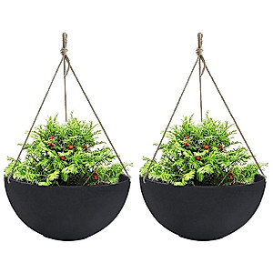 LA JOLIE MUSE Hanging Planters for Outdoor Plants, Large Hanging Planter with Drain Holes, Black Hanging Flower Pots (13.2 Inch, Set of 2)