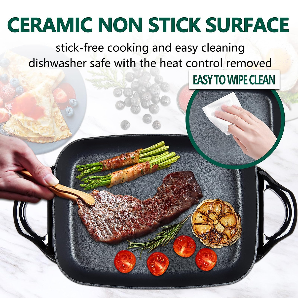 Electric Skillets Nonstick 16-Inch Extra-Large with Lids - Deep Electric Frying Pan, Adjustable Temperature, for Roast Fry Grill Stew Bake Make Casseroles and More, Black