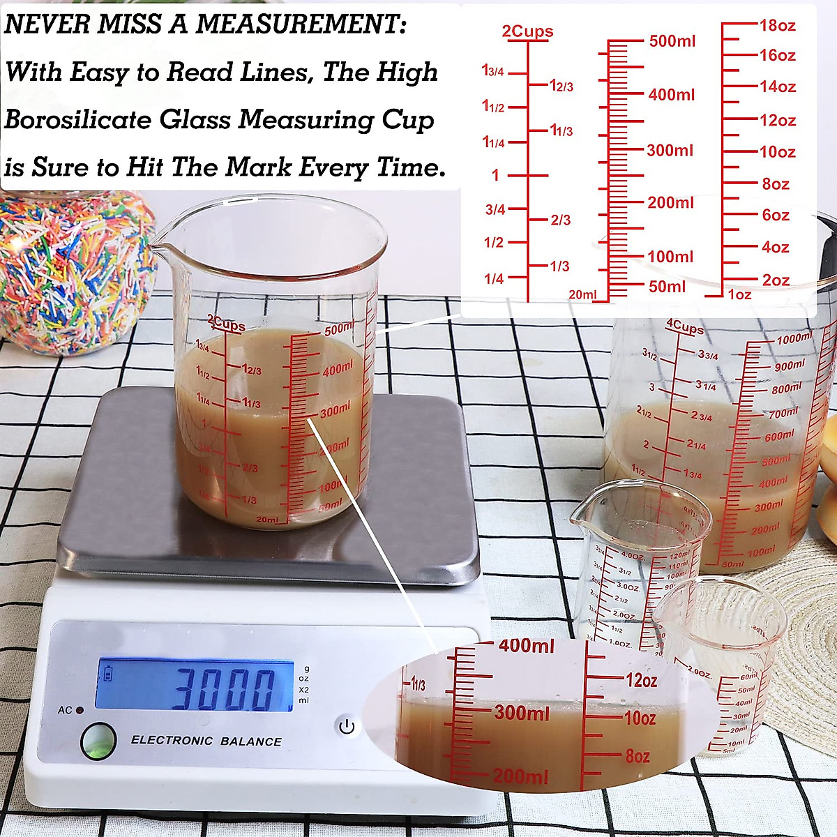 3 Piece Glass Measuring Cup Set, Includes 1/2-Cup, 1-Cup, and 2-Cup High Borosilicate Glasss Liquid Measuring Cups, Dishwasher, Freezer, Microwave, and Preheated Oven Safe, Essential Kitchen Tools