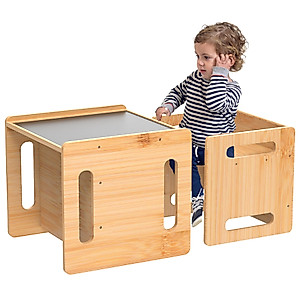 3-in-1 Montessori Weaning Table and Chair Set with Chalkboard for Toddlers, Kids Activity Table for Aged 1-4, Bamboo Montessori Furniture Table for Painting Learning