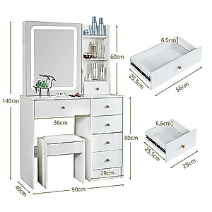 JBLCC Large Vanity Desk with Mirror and Lights, Vanity Table Makeup Vanity with Slidable Mirror 5 Drawers and Storage Shelves,Dressing Table Set 3 Lighting Color Adjustable (06LED)