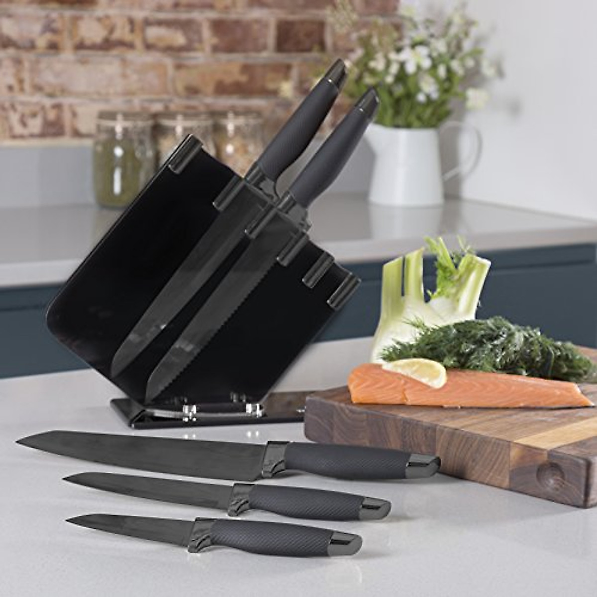 Tower Kitchen Stainless Steel Blades and Acrylic Stand, 5-Piece Knife Set, Black Damascus Effect