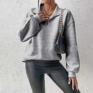 iHPH7 Women's Cropped Sweatshirt Long Sleeve Quarter Zip Hoodie Pullover Y2K Waffle Plaid Sweater Fall Trendy Outfits Clothes Grey
