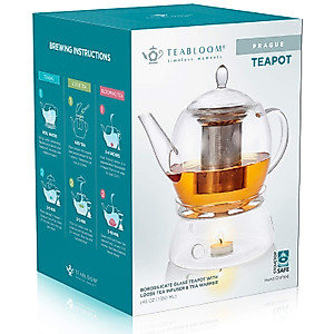 Teabloom Prague Glass Tea Maker & Warmer Set – Large Capacity (45 oz) – Heatproof Borosilicate Glass Teapot with Removable Stainless Steel Loose Tea Infuser – Stovetop Safe Kettle