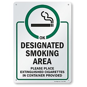 SmartSign 14 x 10 inch “Designated Smoking Area - Place Extinguished Cigarettes In Container Provided” Metal Sign, 40 mil Laminated Rustproof Aluminum, Green, Black and White
