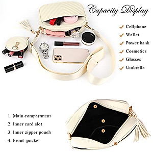 Quilted Small Crossbody Bag for Women With Coin Purse Pouch and Tassel Women Square Camera Side Shoulder Handbag (White)