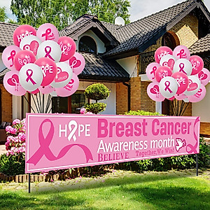 37 Pcs Breast Cancer Awareness Party Decorations Backdrop Banner Balloons Pink Ribbon Outdoor Yard Sign Hanging Banner for Breast Cancer Awareness Scene Banner Breast Cancer Charity Party Supplies