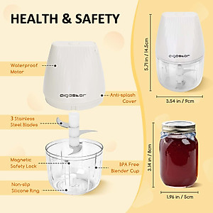 Aigostar Electric Mini Garlic Chopper, Cordless Mini Chopper Food Processor, Portable Small Food Chopper, Mini Garlic Chopper Blender for Onion Ginger Spice Meat, Veggie, Nuts, Baby Food, Puree 250ml