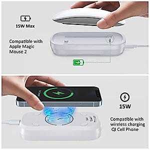 HONKID Charging Station for Magic Mouse 2 and Wireless Charging QI Cell Phone, Double-Sided Charging, Usable as Magic Mouse Charger, Stand, and Wireless Charger, USB-A to USB-C Cable Long 5ft, White