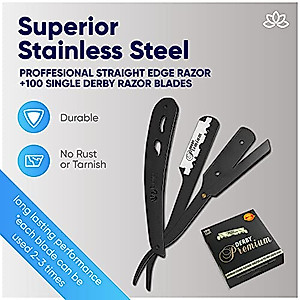 Equinox Professional Straight Edge Razor with 100 Single Derby Straight Razor Blades-Barber Straight Razor-Close Shaving Men's Manual Shaver-Disposable Straight Razor Blades-Straight Razor Kit-Black