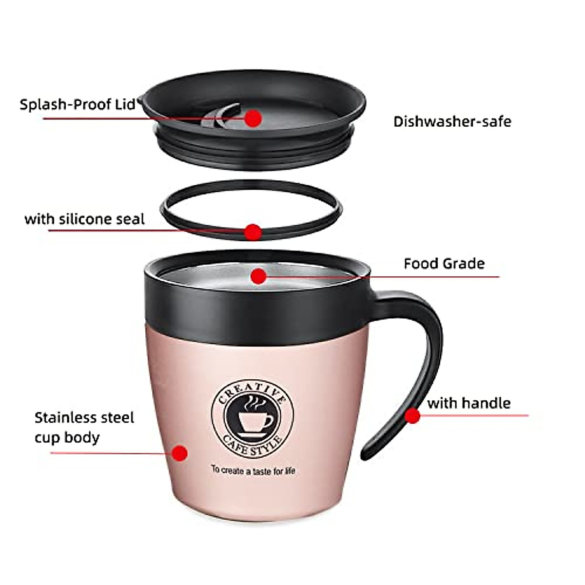 DOUSON 12oz Coffee Mug Cup with Handle and Lid, Insulated Stainless Steel Coffee Travel Mug, Double Wall Vacuum Tumbler Cup Include Lid Insulated, Ideal for Hot & Cold Drinks, Rose Gold