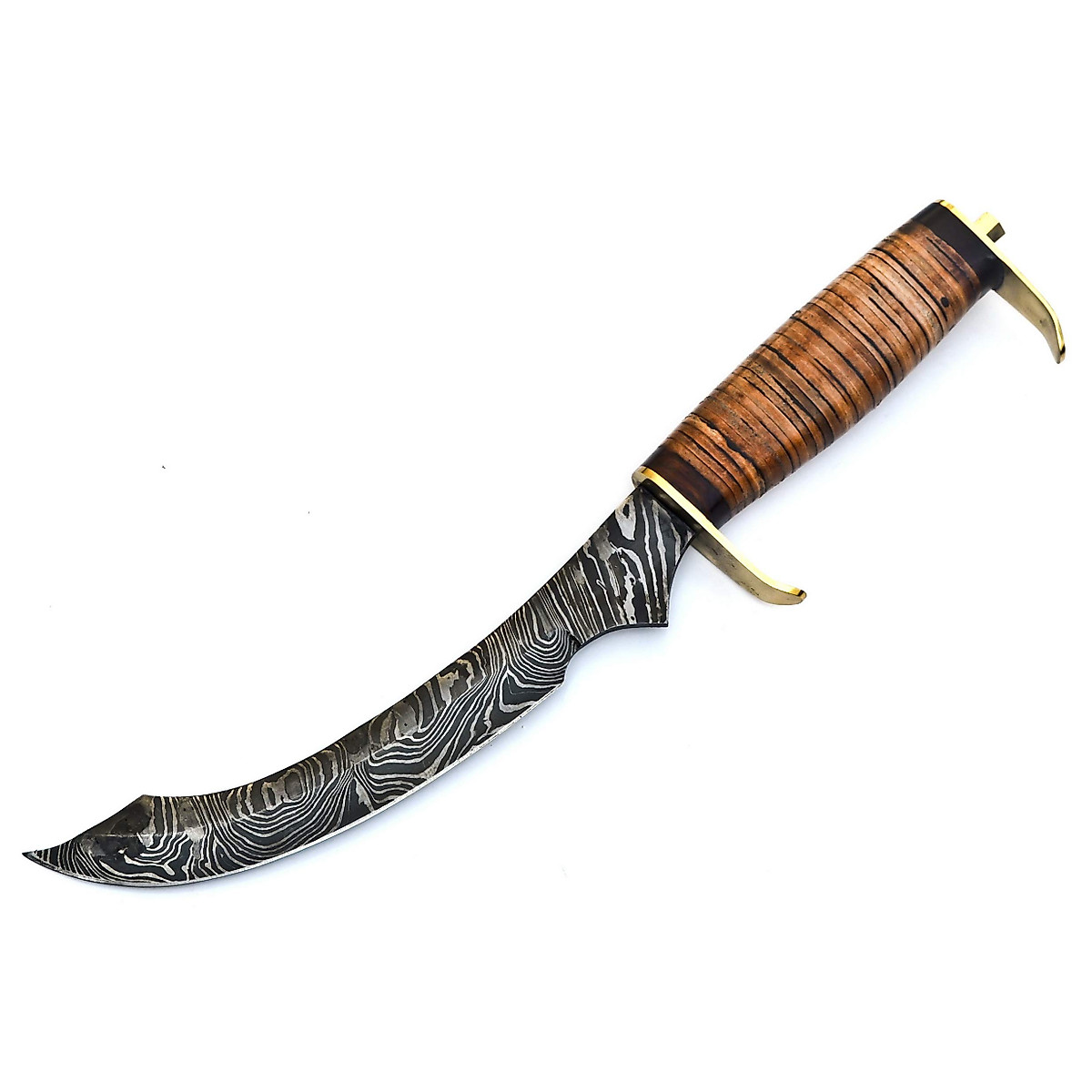 Skokie Knives Custom Hand Made Damascus Steel Hunting Knife Handle Stacked Leather With Double Brass Double Clip