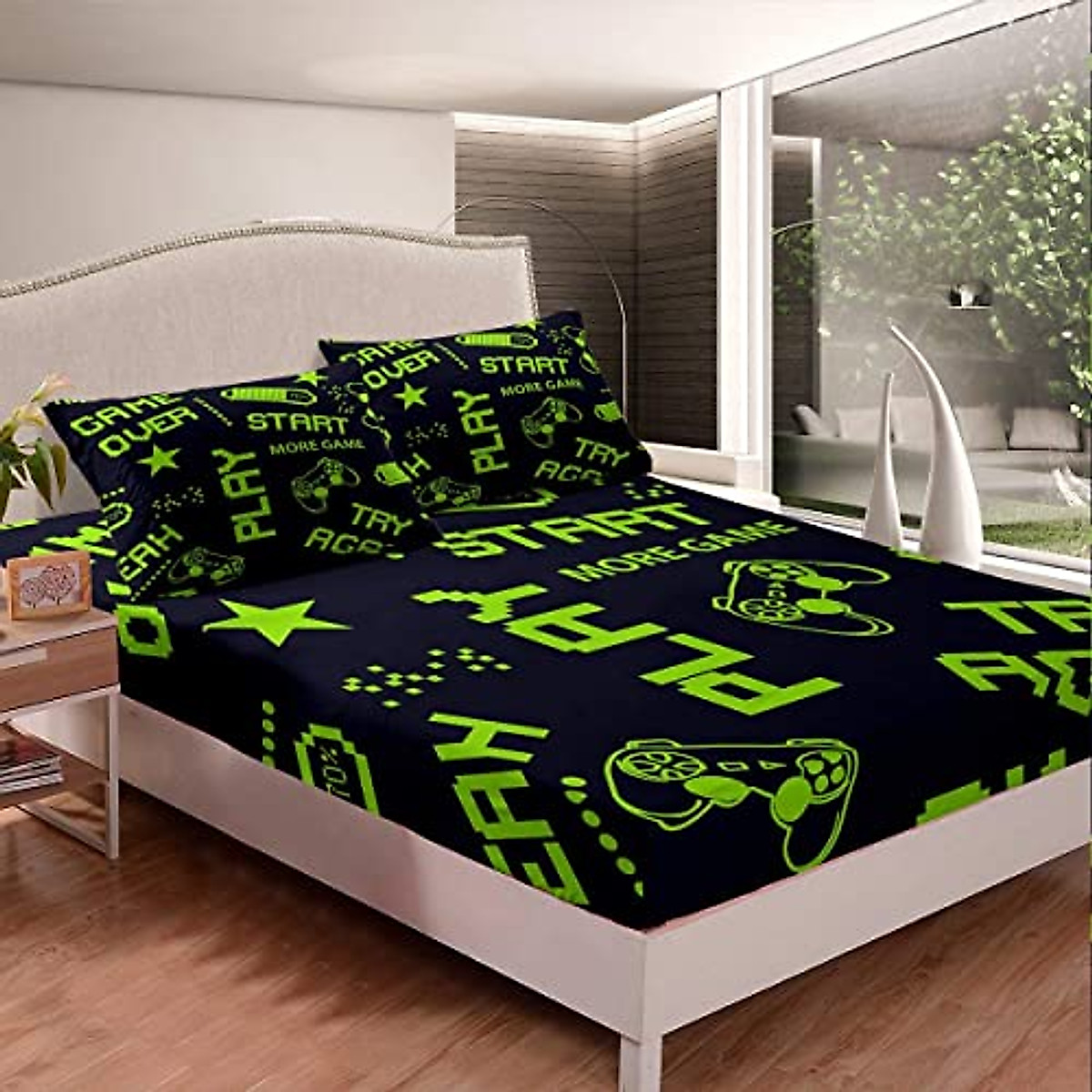 Erosebridal Games Fitted Sheet Twin Size Kids Boys Gamepad Gamer Bedding Set Gaming Sheet Set Gifts for Christmas Bed Cover Gamer Room Decor with 1 Pillow Case Green Black No Flat Top Sheet