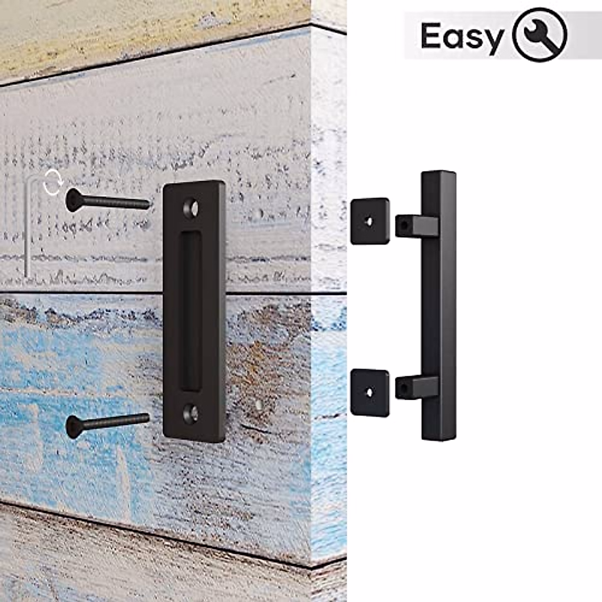 EaseLife 10" Sliding Barn Door Pull Handle with Flush Hardware Set,Double Sided,Heavy Duty,Square,Matte Black Powder Coated Finish,Easy Install