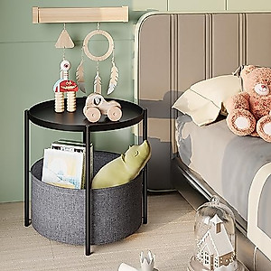 Fixwal End Tables with Fabric Storage Basket, SideTables Bedroom, Metal Small Bedside Table Nightstand with Removable Tray for Living Room, Nursery, Laundry, Black Nightstand