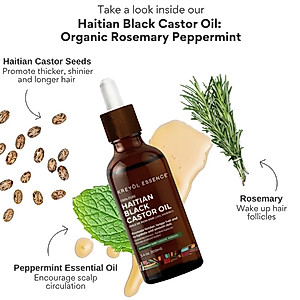 Kreyol Essence - Rosemary Peppermint Haitian Black Castor Oil for Skin and Hair, 2 Oz Glass Bottle - Rosemary Oil, Organic, hexane Free, Natural Humectant, Hair Growth.
