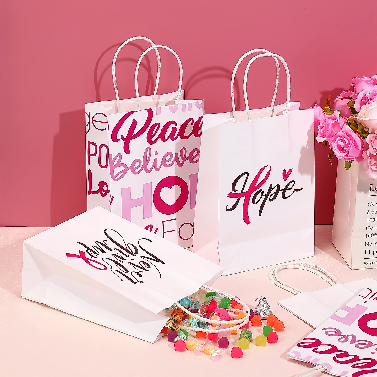 24 Pack Breast Cancer Awareness Bags Pink Ribbon Paper Bag Breast Cancer Gift Bag with Handle Faith Courage Hope Treat Bags for Breast Cancer Awareness Charity Theme Party Favor Supplies